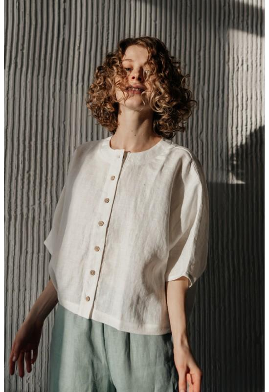 Linen Loose Blouse with Buttons - Half Sleeve Oversized Linen Top