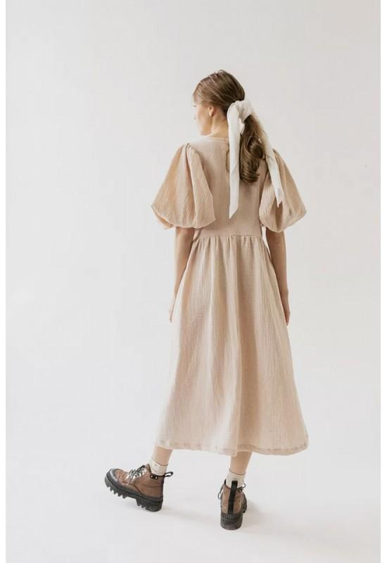 Muslin loose wrap dress with short puff sleeves Tied Maxi cotton gauze