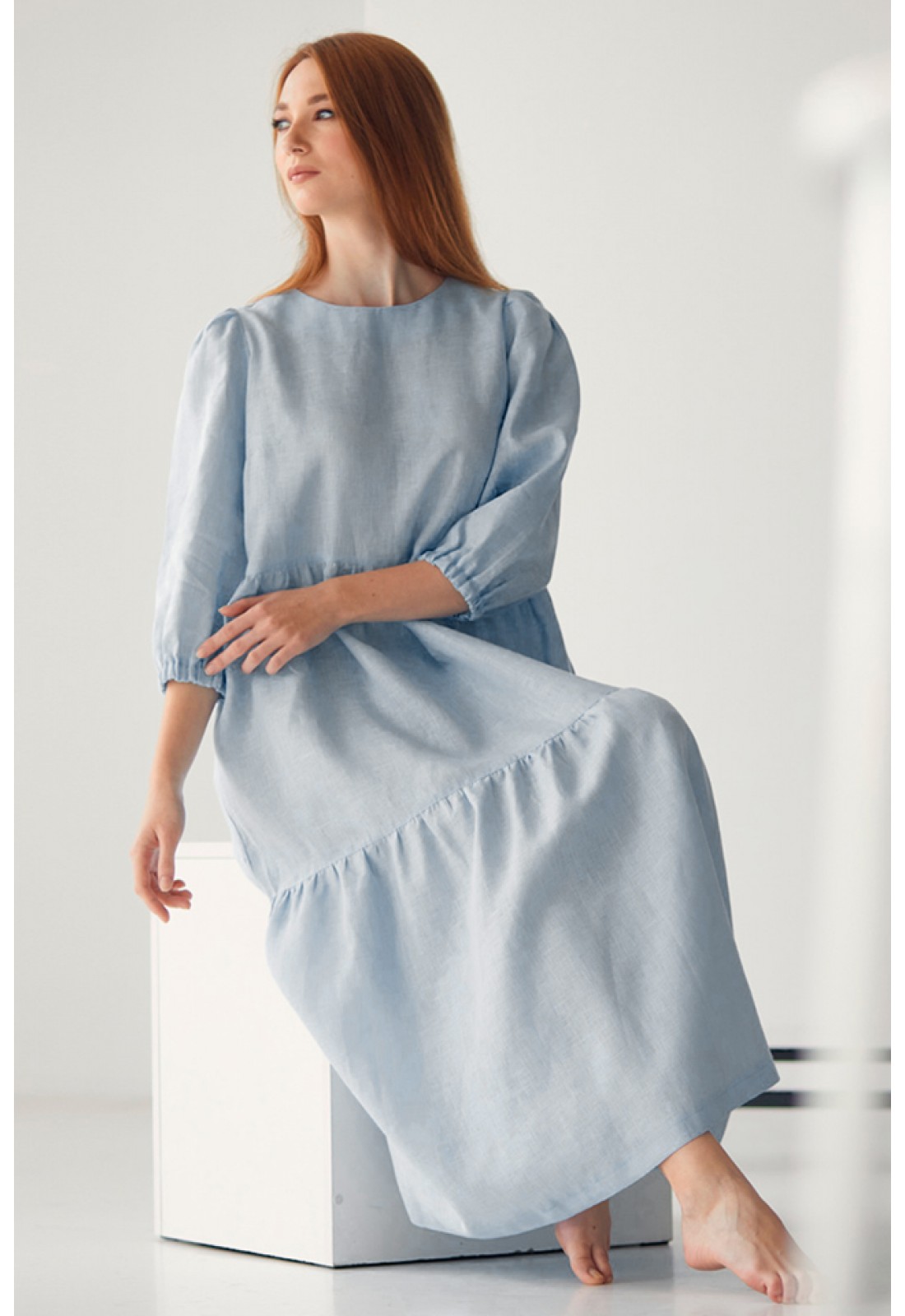 Linen Maxi Dress for Women: Ruffles, 3/4 Sleeves, Loose, Boat Neck