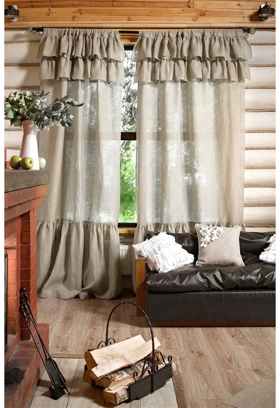 Linen Curtain Panels with Ruffles - Various Sizes, Colors