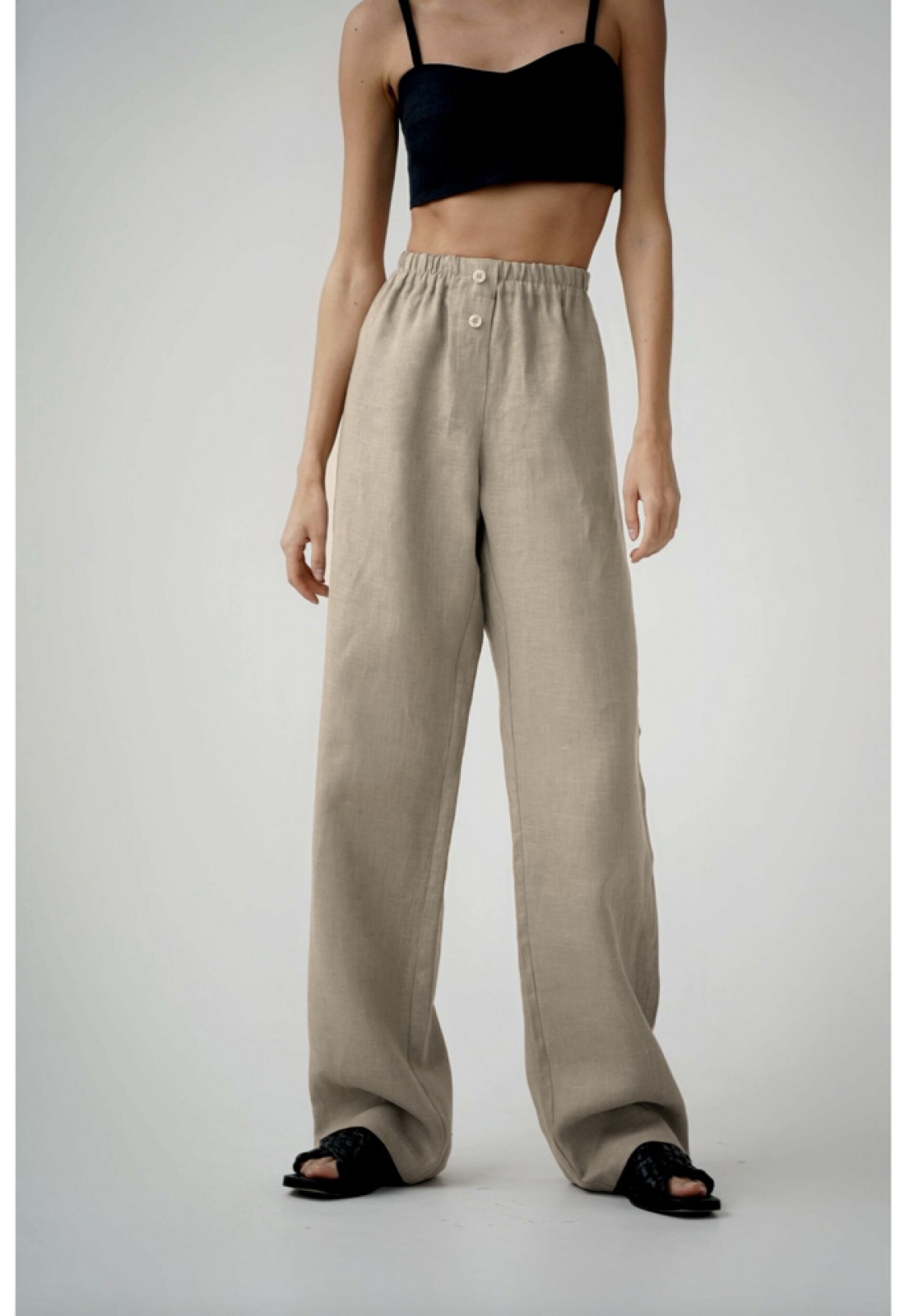 Linen loose pants Wide leg Trousers High waist Elastic Culottes