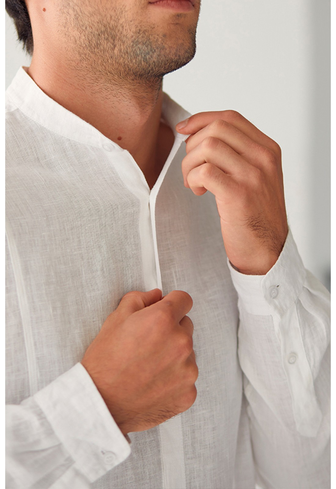 Linen Shirt for Men - Band Collar, Button Closure, Loose Fit