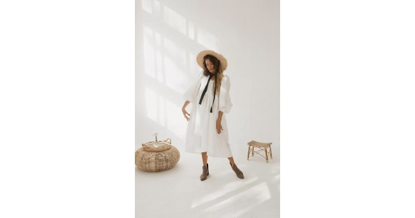 Oversized Linen Midi Dress with Puff Sleeves - Feminine, Comfortable