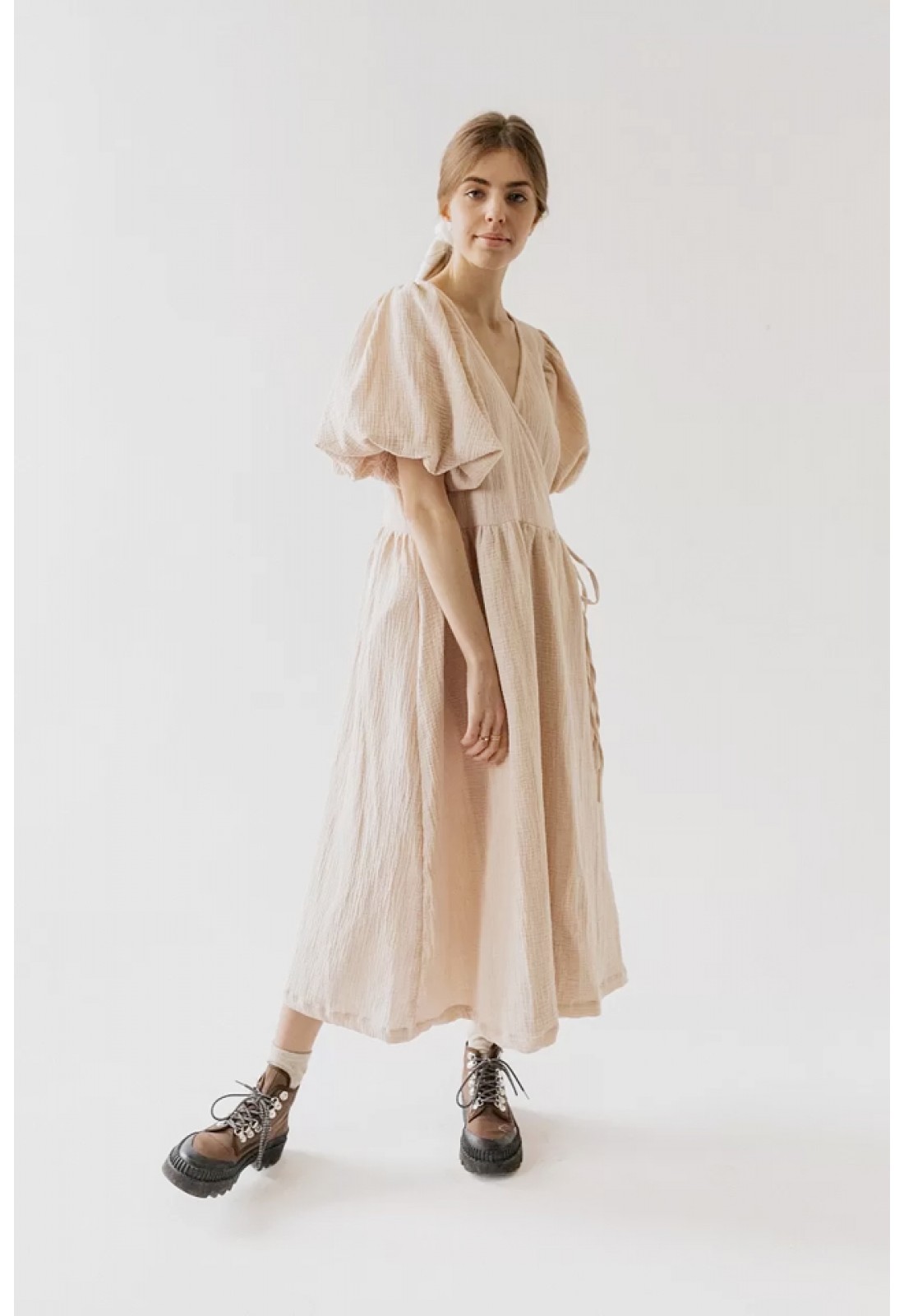 Muslin loose wrap dress with short puff sleeves Tied Maxi cotton gauze