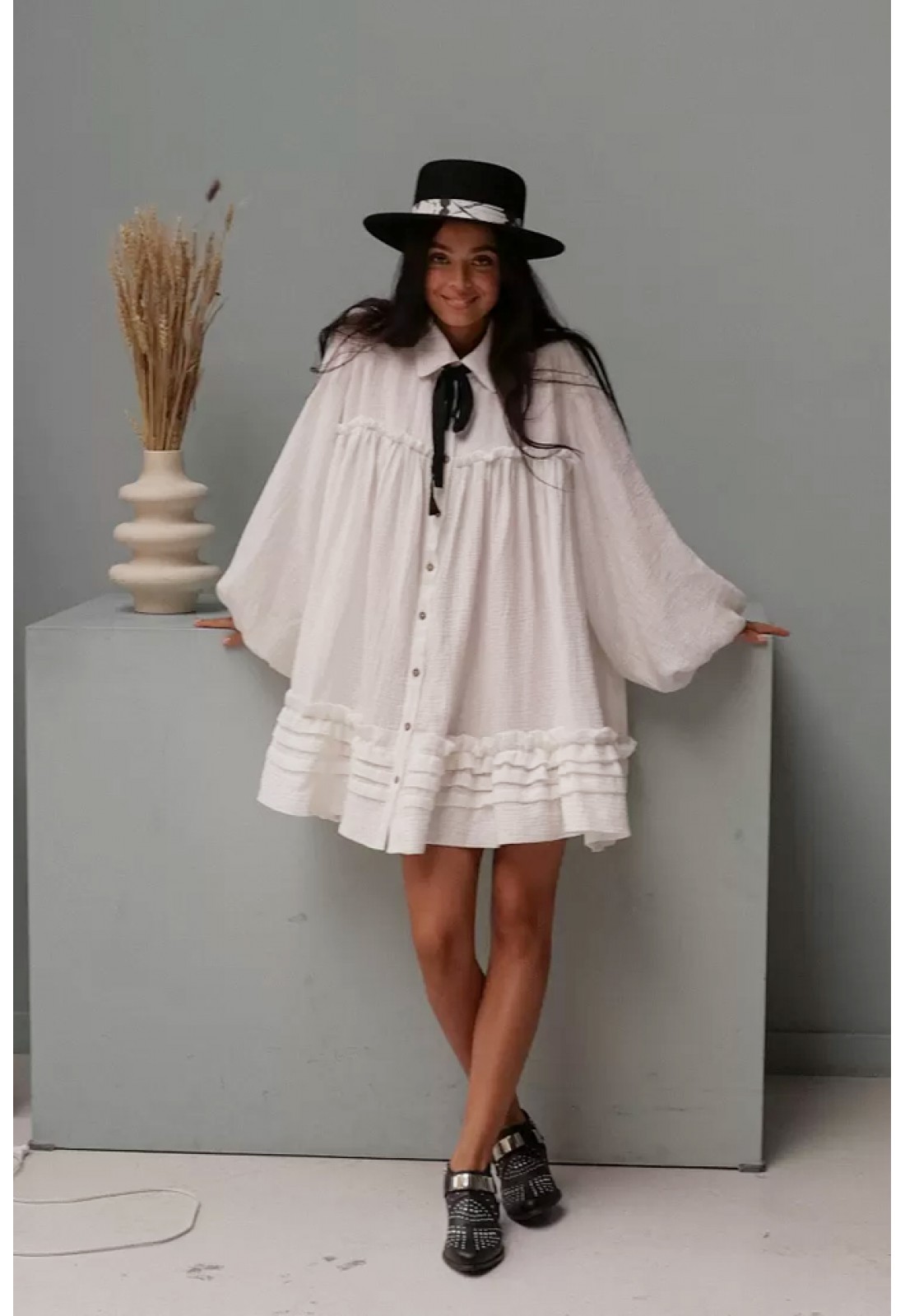 Loose Cotton Gauze Shirt Dress with Long Sleeves - Muslin Clothing