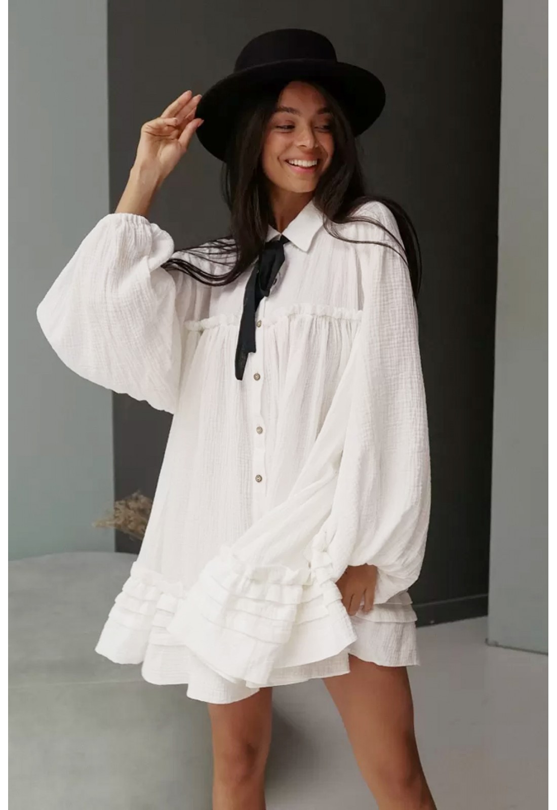 Loose Cotton Gauze Shirt Dress with Long Sleeves - Muslin Clothing
