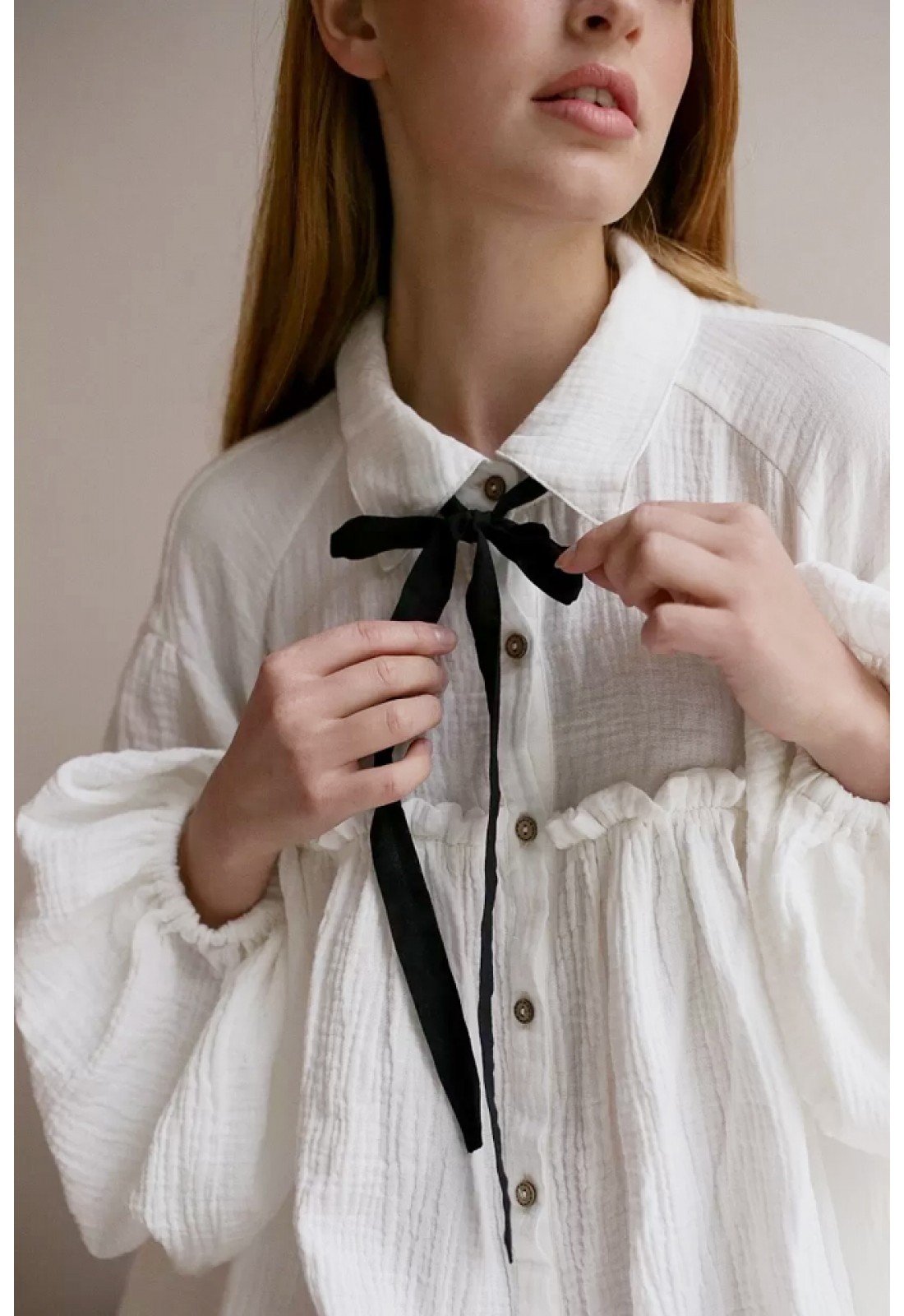 Loose Cotton Gauze Shirt Dress with Long Sleeves - Muslin Clothing