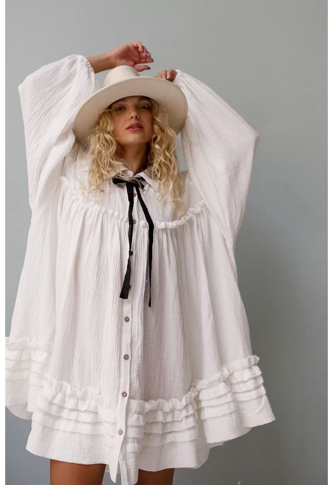 Loose Cotton Gauze Shirt Dress with Long Sleeves - Muslin Clothing