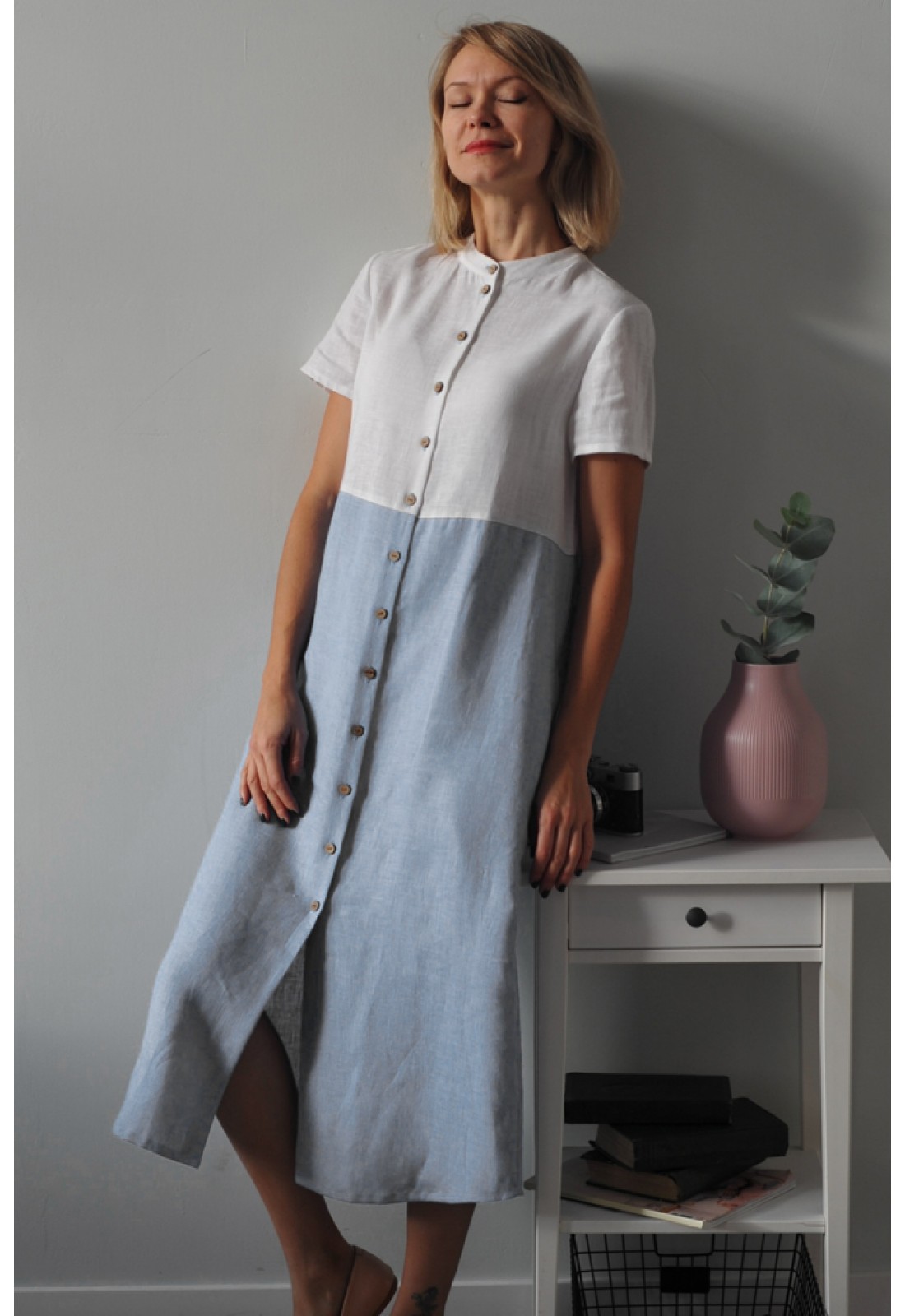 Color Block Linen Dress for Women | Loose Button-Down Shirt Dress