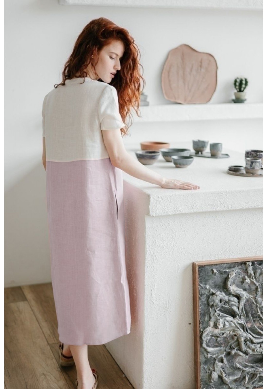 Color Block Linen Dress for Women | Loose Button-Down Shirt Dress