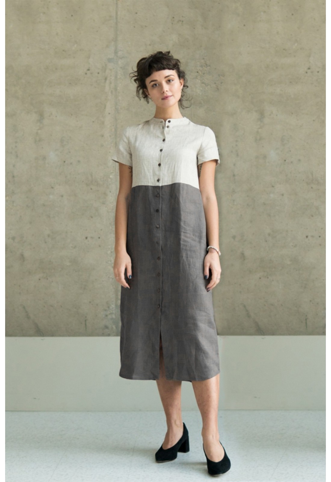 Color Block Linen Dress for Women | Loose Button-Down Shirt Dress