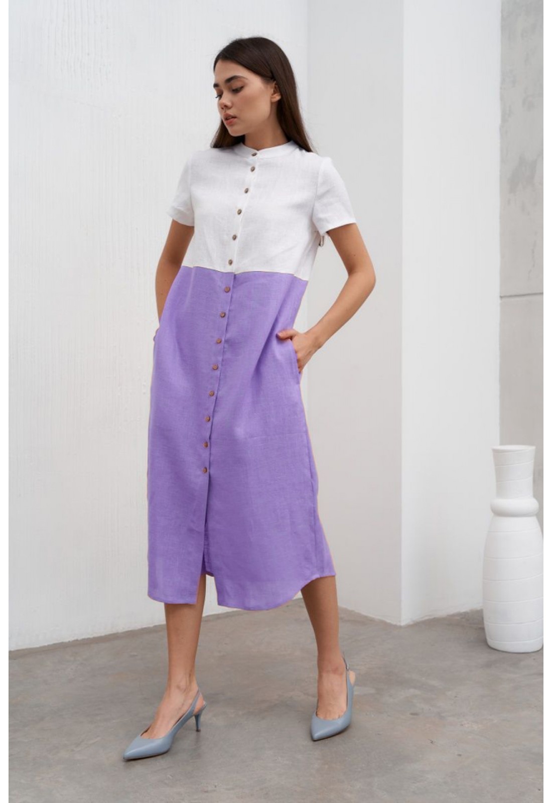 Color Block Linen Dress for Women | Loose Button-Down Shirt Dress