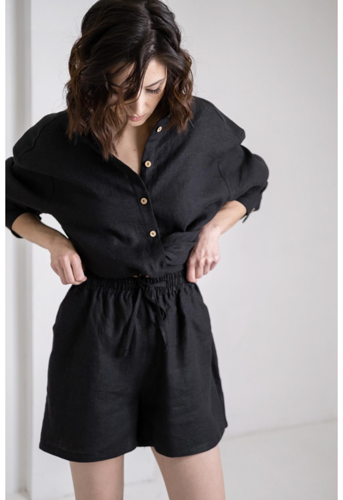 High Waist Linen Shorts for Women | Tied Elastic Band, Pockets | Loose