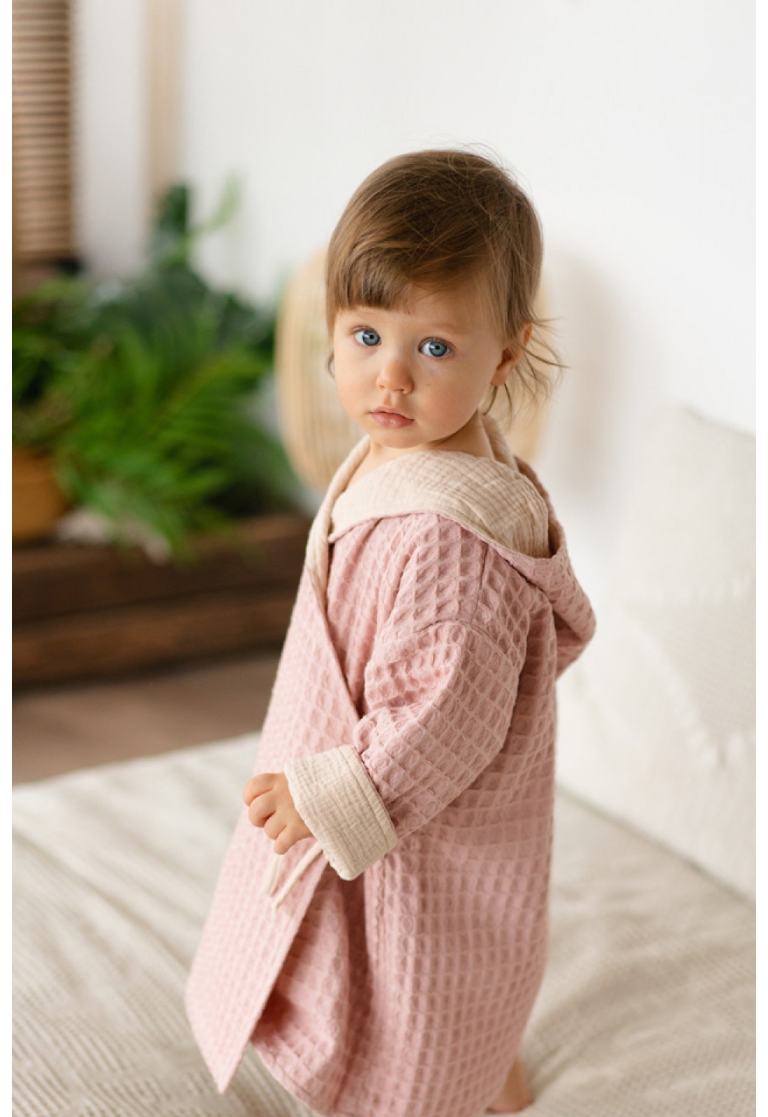 Wrap Waffle Weave Robe with Hood and Muslin lining for Kids