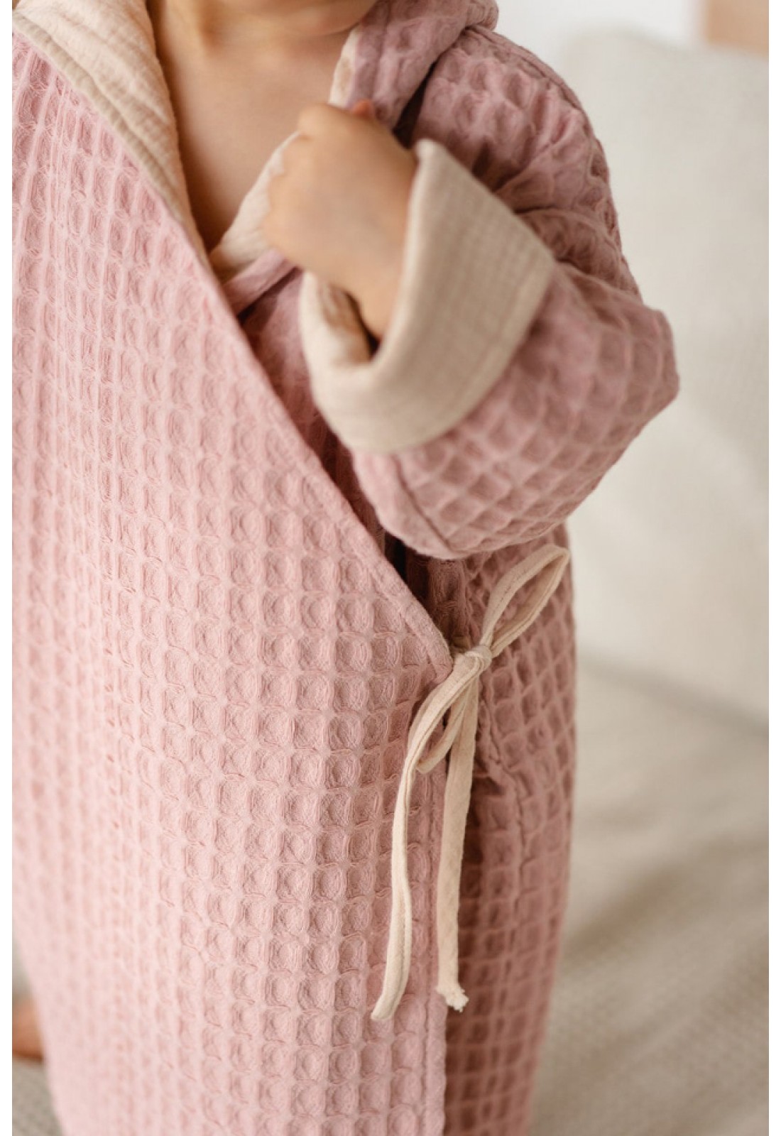 Wrap Waffle Weave Robe with Hood and Muslin lining for Kids