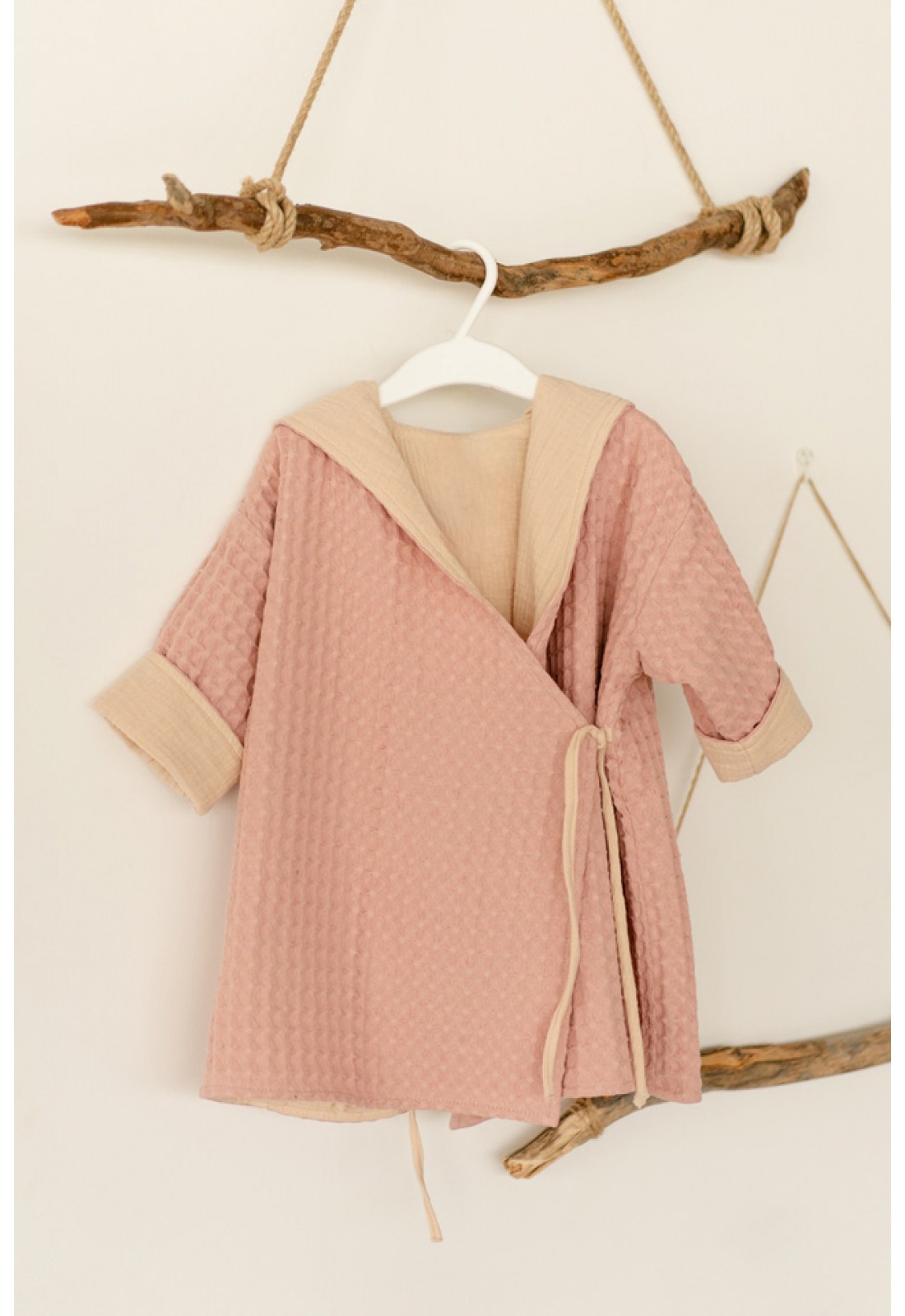 Wrap Waffle Weave Robe with Hood and Muslin lining for Kids
