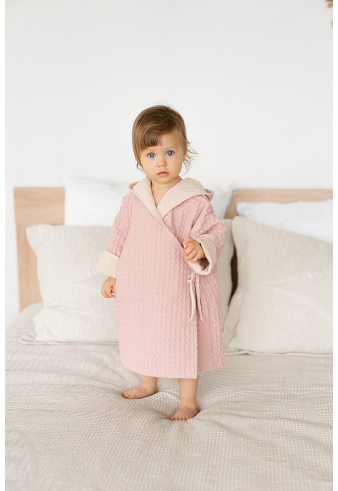 Wrap Waffle Weave Robe with Hood and Muslin lining for Kids