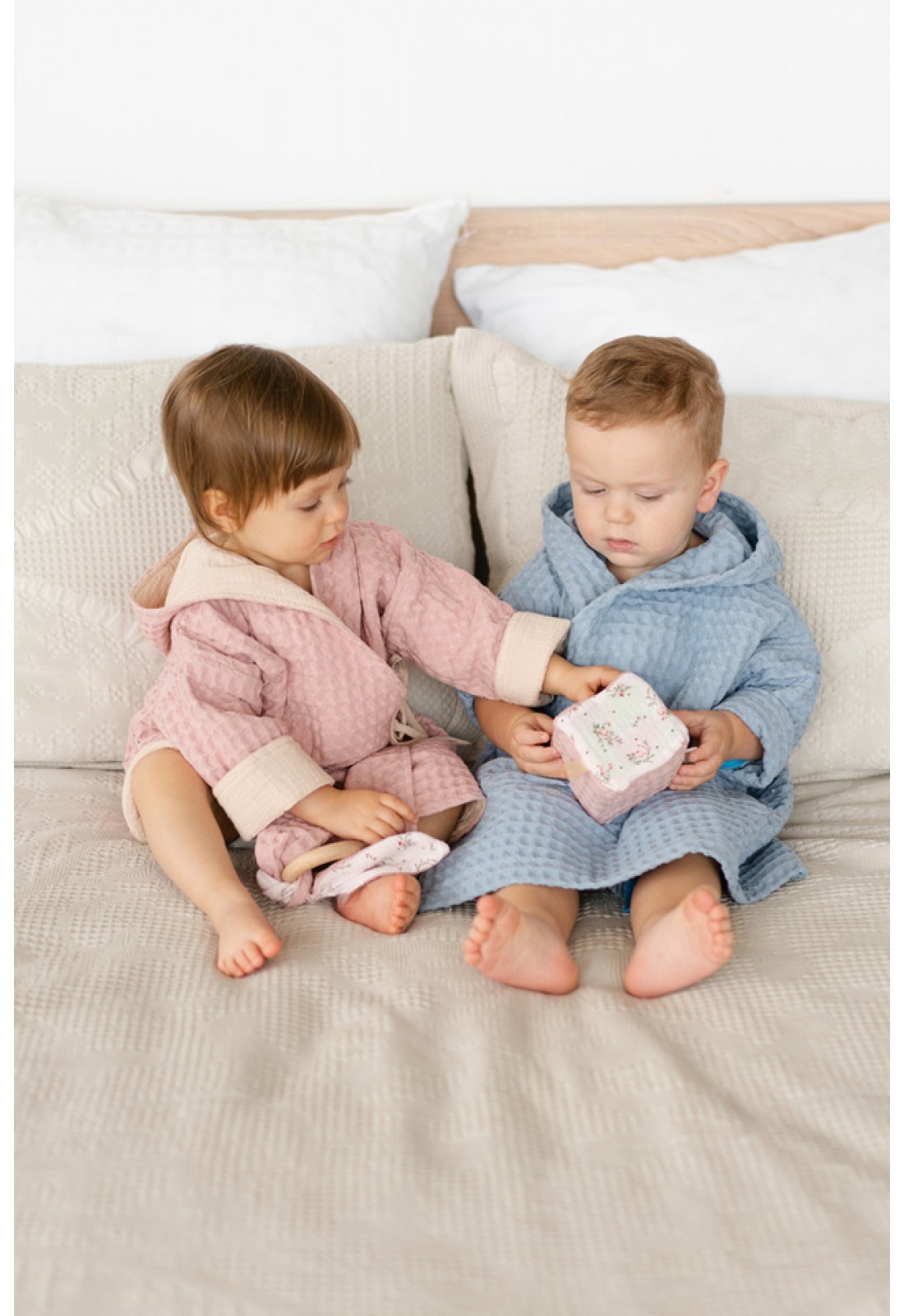 Wrap Waffle Weave Robe with Hood and Muslin lining for Kids