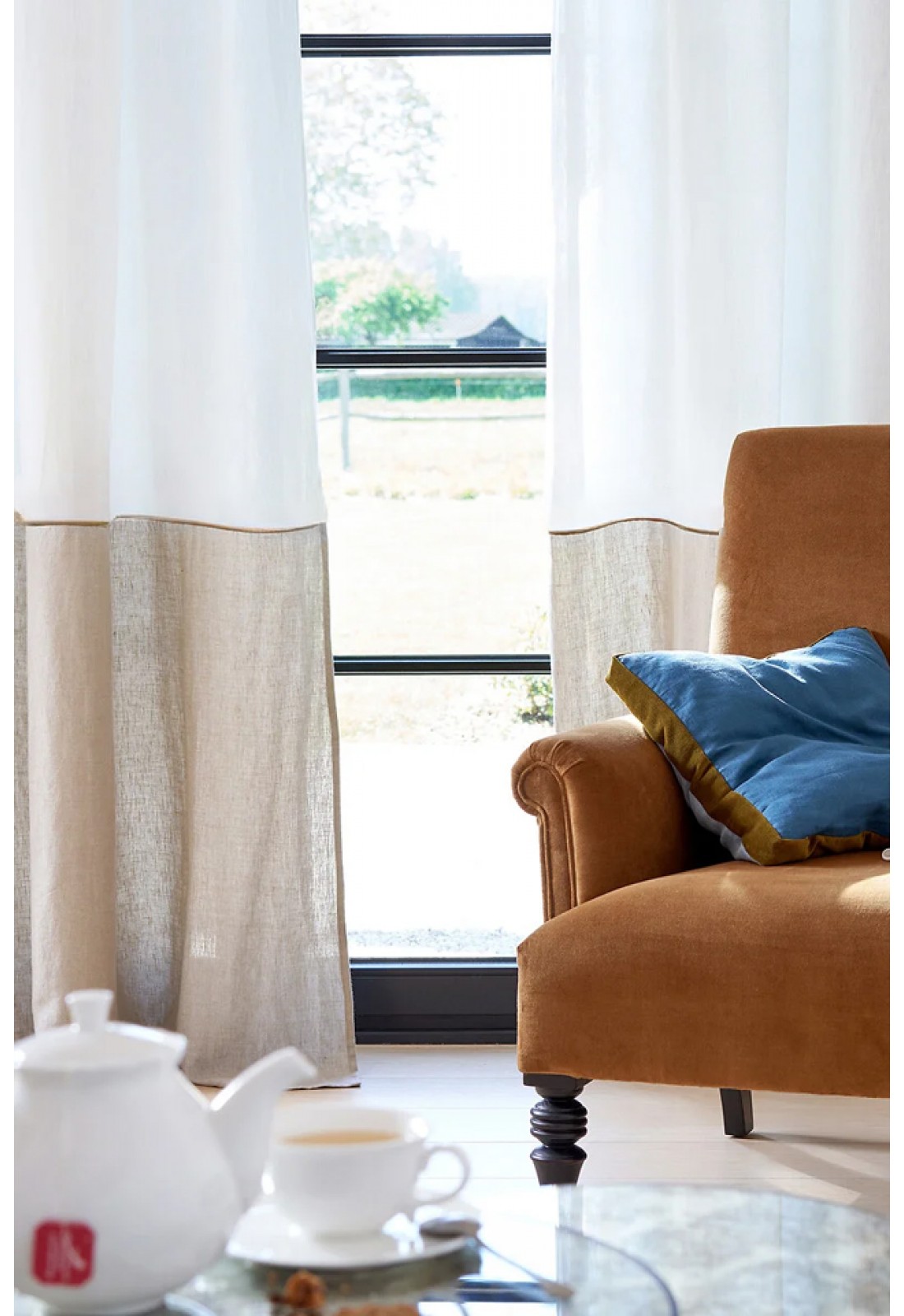 Color Block Linen Curtain Panels - Custom Sizes Available