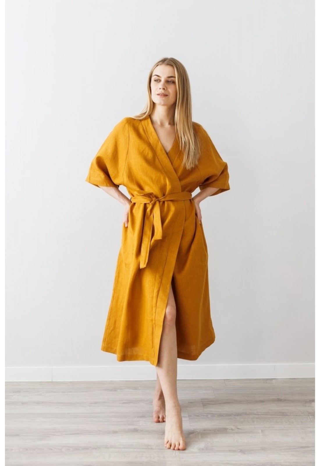 Long Linen Robe | Kimono Half Sleeves Bathrobe | Loungewear