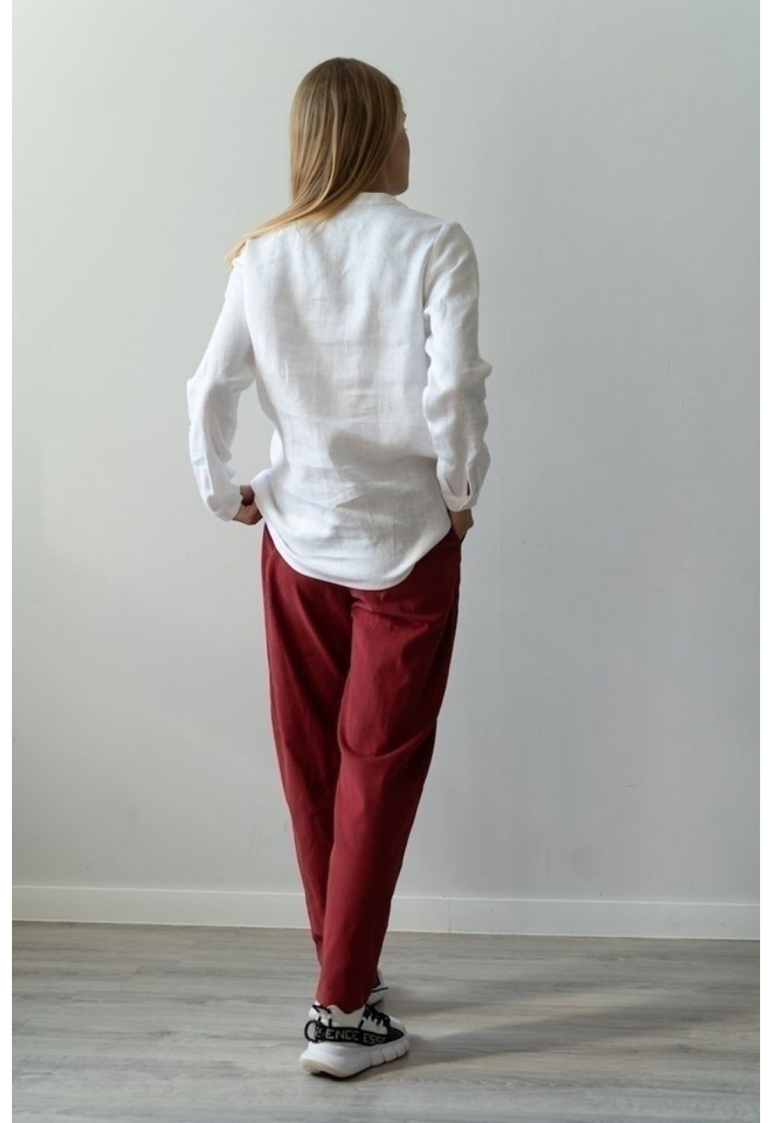 Women's Collarless Linen Shirt: Classic Long Sleeves Linen Top Blouse