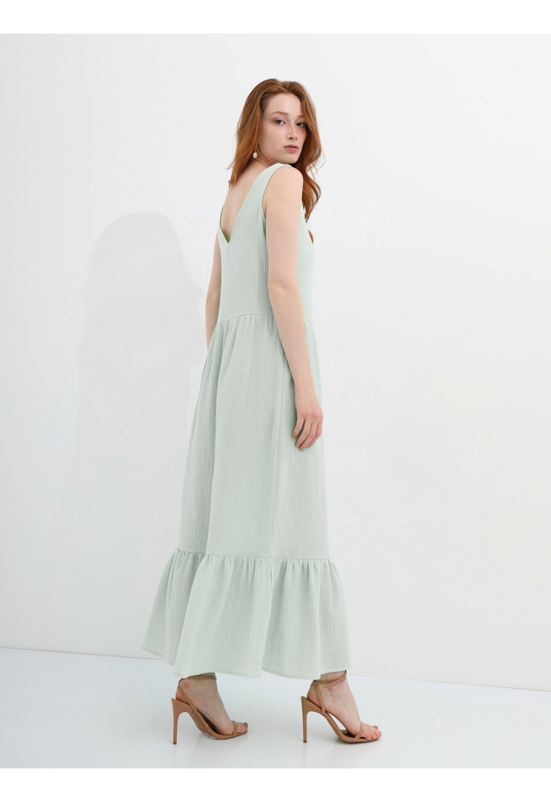 Muslin Cotton Dress: Sleeveless V Neck with Ruffles - Maxi for Women
