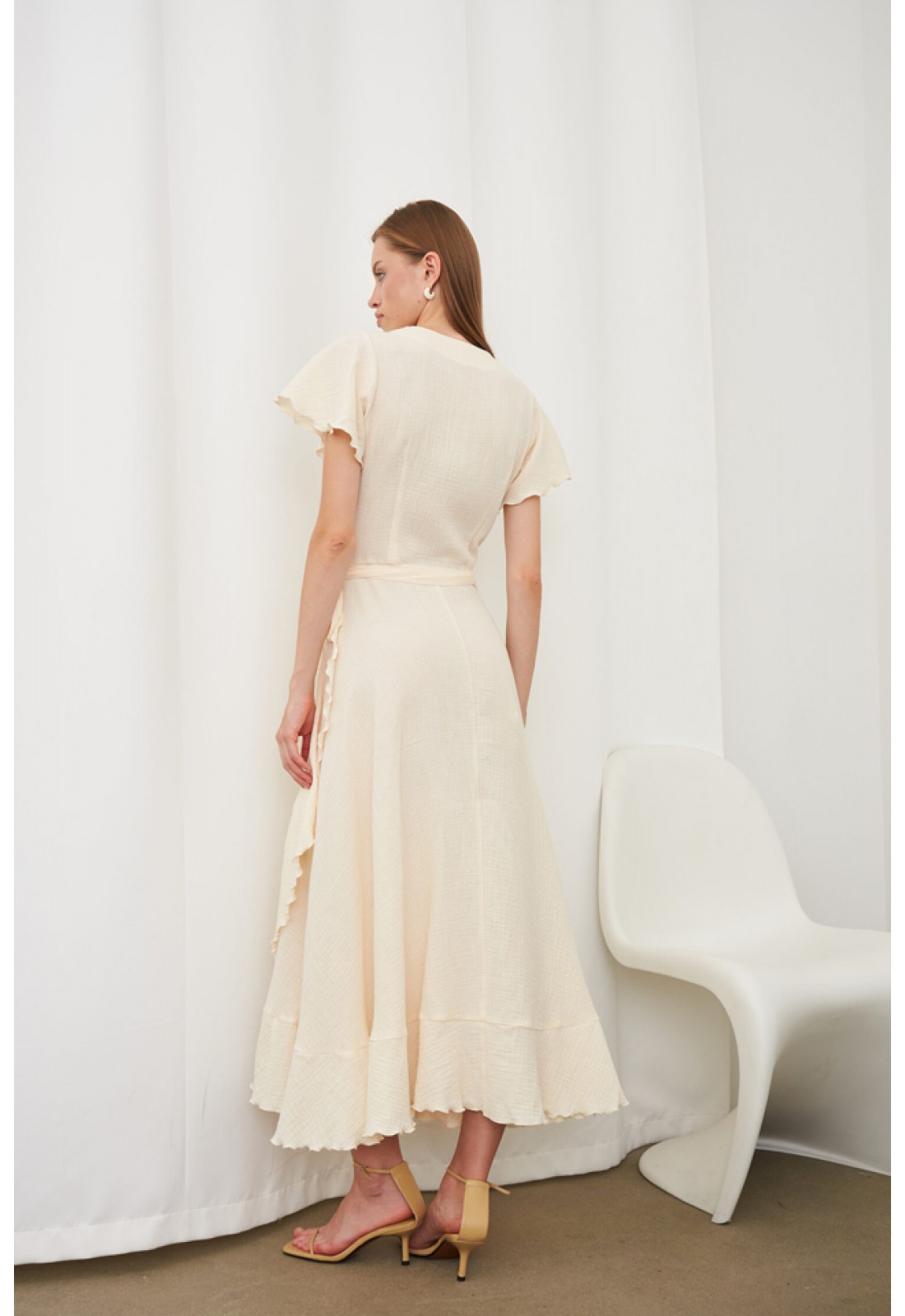 Muslin Cotton Wrap Dress | Short Sleeve Ruffled Maxi for Women